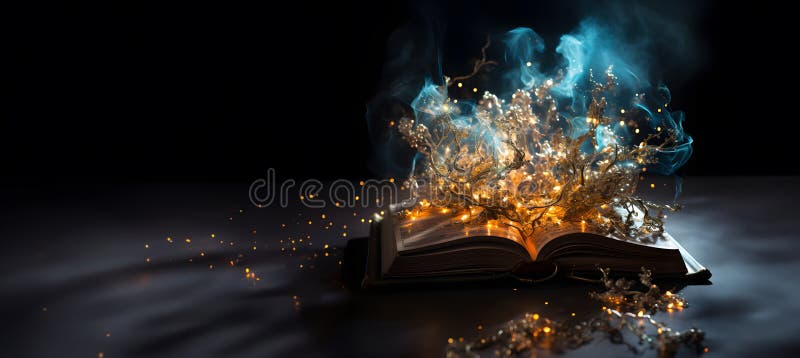 Old book with magic lights stock illustration. Illustration of evening ...