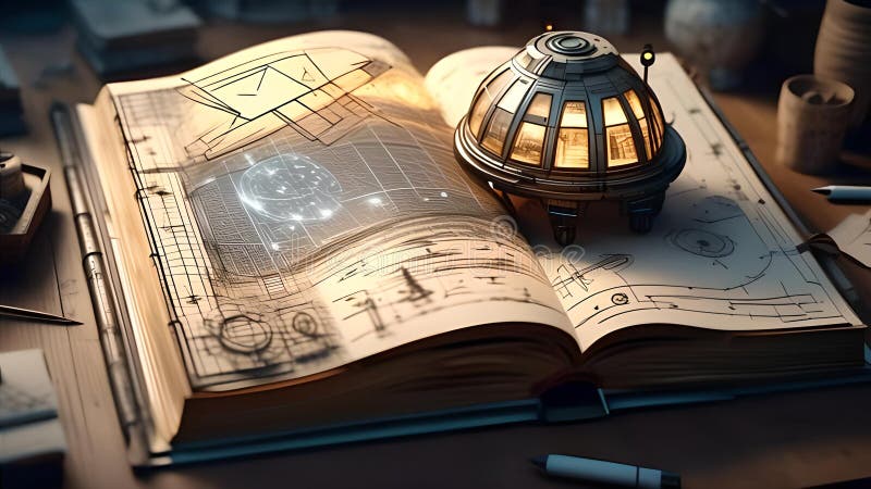Old Book Open on a Table with a Futuristic Device on Top. Generative Ai ...