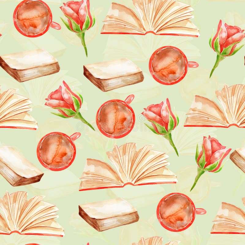Old Book, Pages, Rose, Coffee Cup Watercolor Seamless Pattern Stock ...