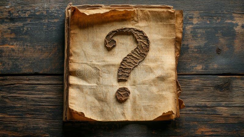 An Old Book with a Question Mark on a Rustic Wooden Surface. Stock ...