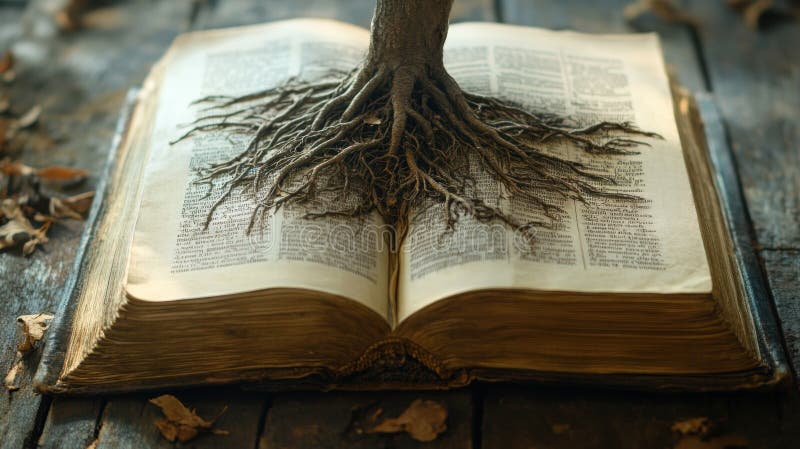 Old Book Roots Emerging Pages Symbolizes Connection Knowledge Nature ...