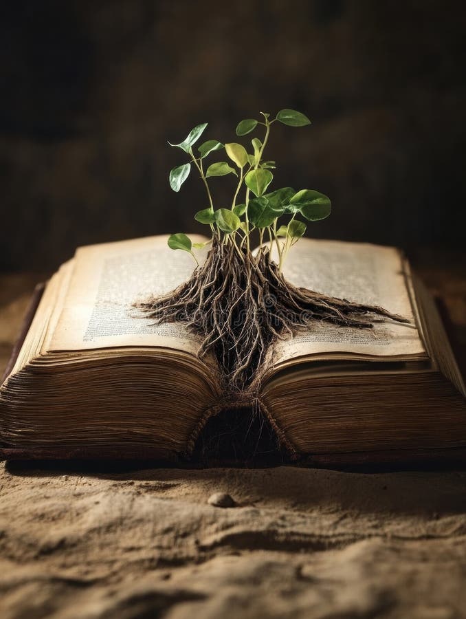 Old Book with Roots Emerging from Pages Symbolizes the Deep Connection between Knowledge and ...
