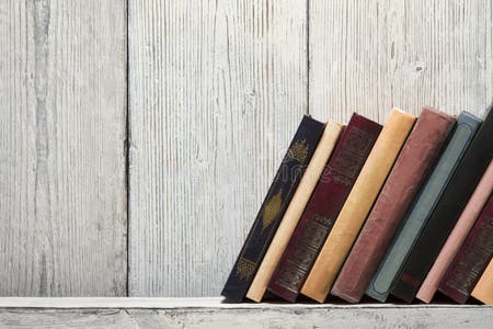 Book Shelf Blank Spines, Empty Binding Stand on Wood Texture Stock ...