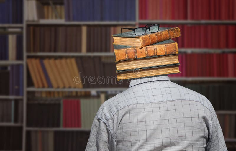 Old Book Stack and Glasses instead the Head of Man Standing Opposite ...