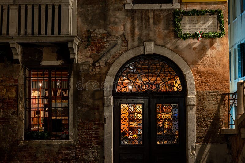 An Old Book Store Illuminated at Night, Venice Editorial Image - Image ...