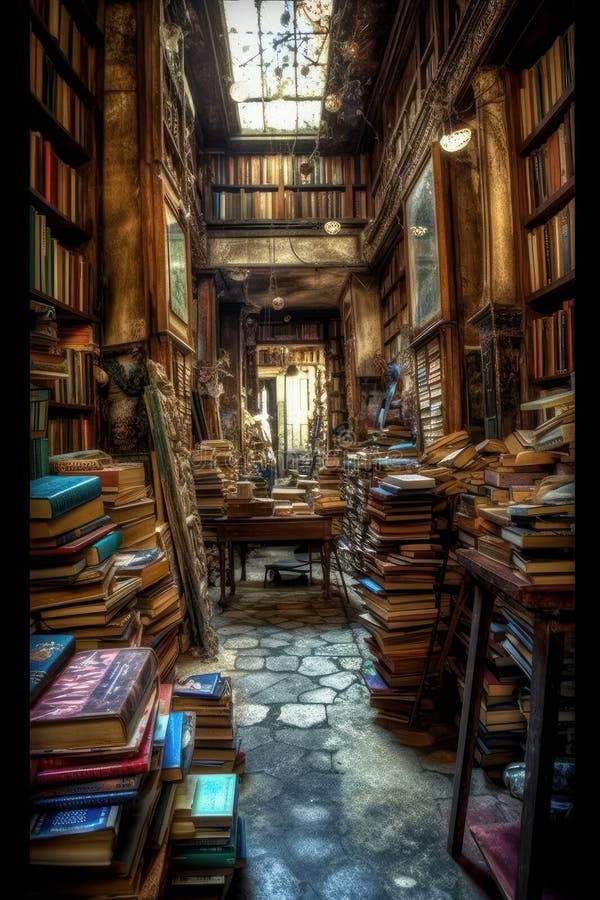 Old Book Store. Library with Mountains of Books. Stock Illustration ...
