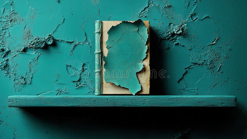 Old Book with Torn Cover on a Shelf Against a Textured Turquoise Wall ...