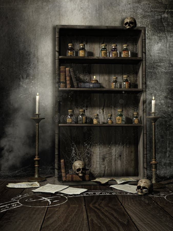 Old Bookcase with Magic Potions Stock Illustration - Illustration of ...
