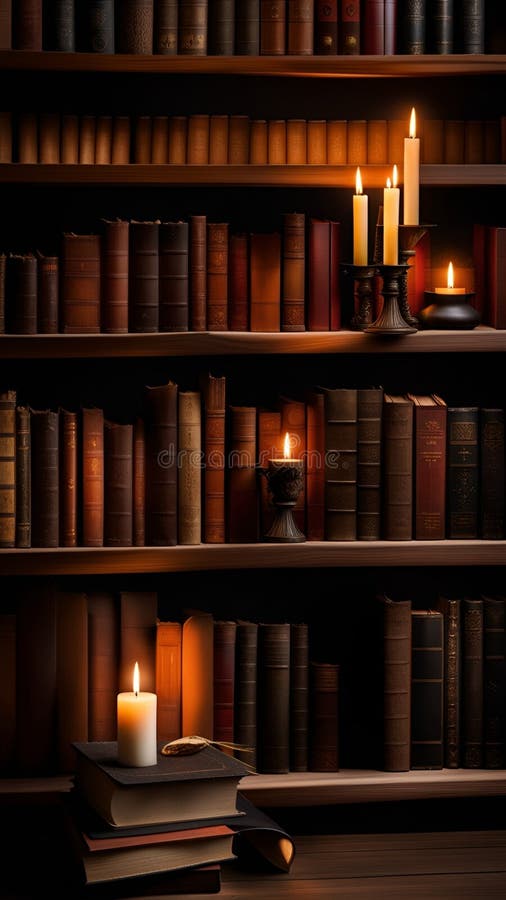 Old Books and Candles on a Wooden Shelf in a Dark Library Illustration ...
