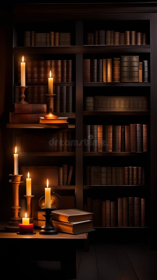 Old Books and Candles on a Wooden Shelf in a Dark Library Illustration ...