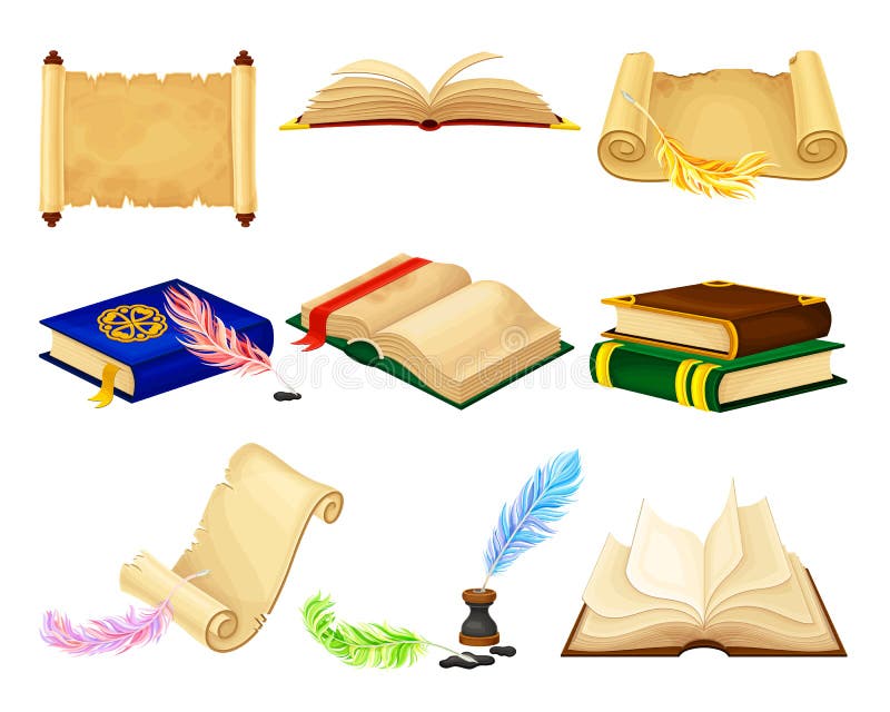 Old Books in Hard Cover with Pages and Scrolls with Quill Vector Set ...