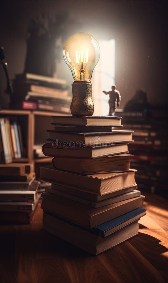Old Books and Light Bulb on Table Stock Photo - Image of cognition ...