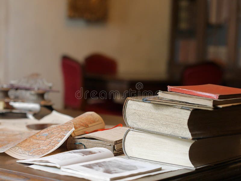 Old Books and Maps on Wooden Table. Stock Image - Image of hardcover ...