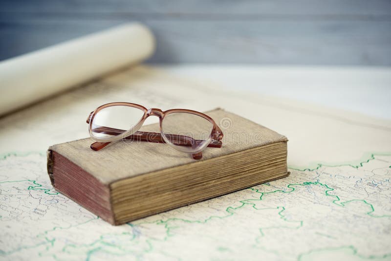 Old Map Reading Glasses Wooden Table Library Stock Photos - Free ...