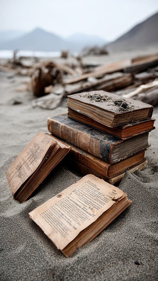 Old Books Resting on Sandy Beach Evoke Forgotten Knowledge Stock ...