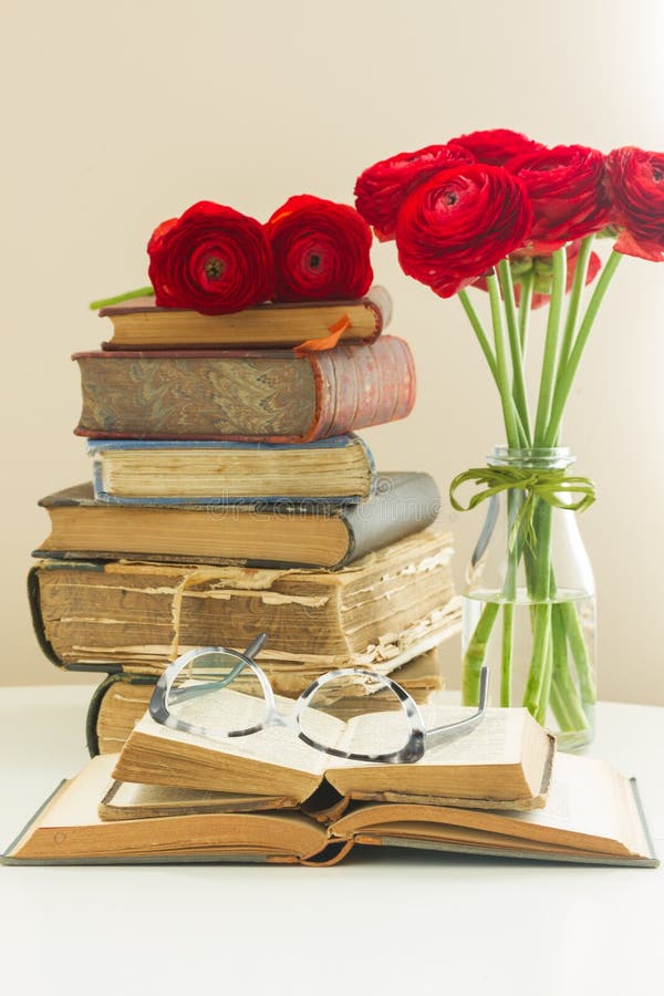 Old books with rose flower stock image. Image of education - 69852935