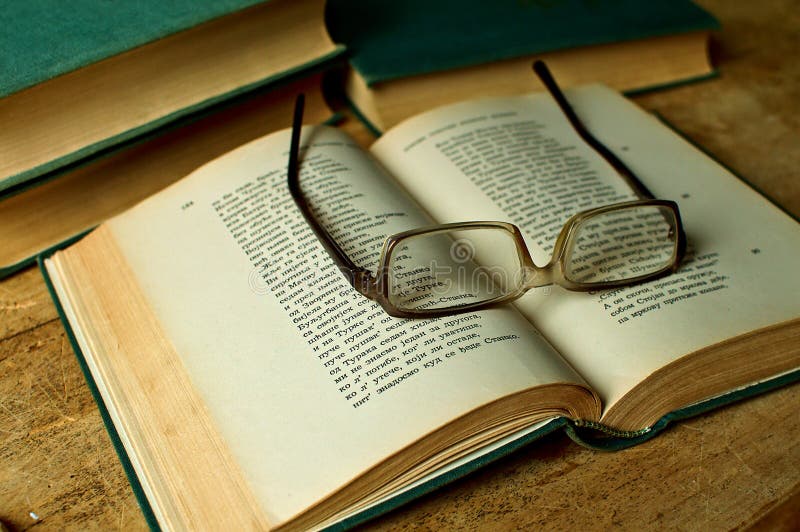 Old Books on a Shelf and Glasses Stock Image - Image of open, books ...