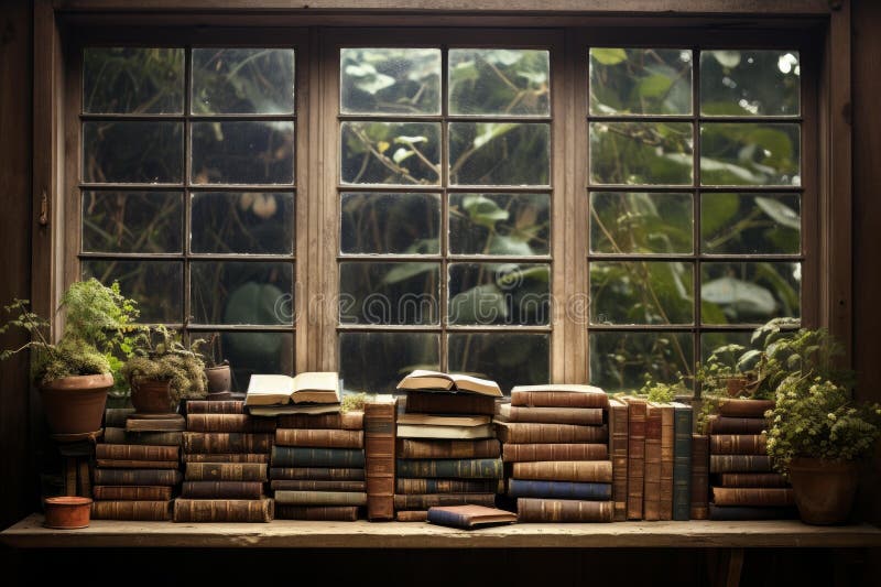 Old Books Stack on Window. Generate Ai Stock Image - Image of ...