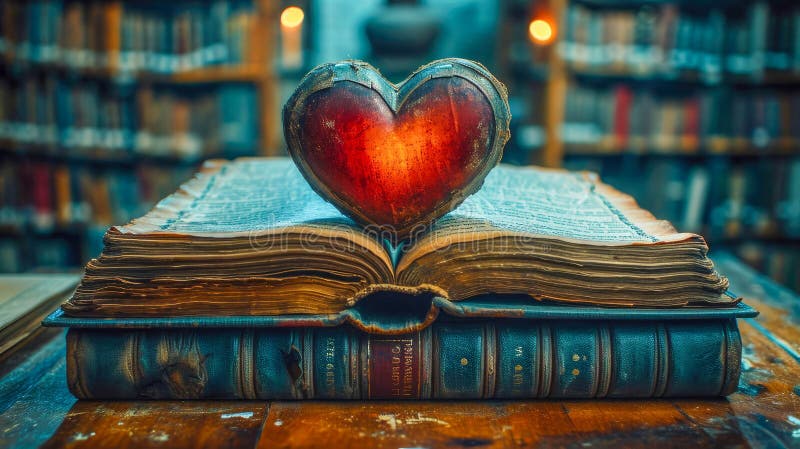 Old Books on a Table in a Library with a Red Heart Stock Illustration ...