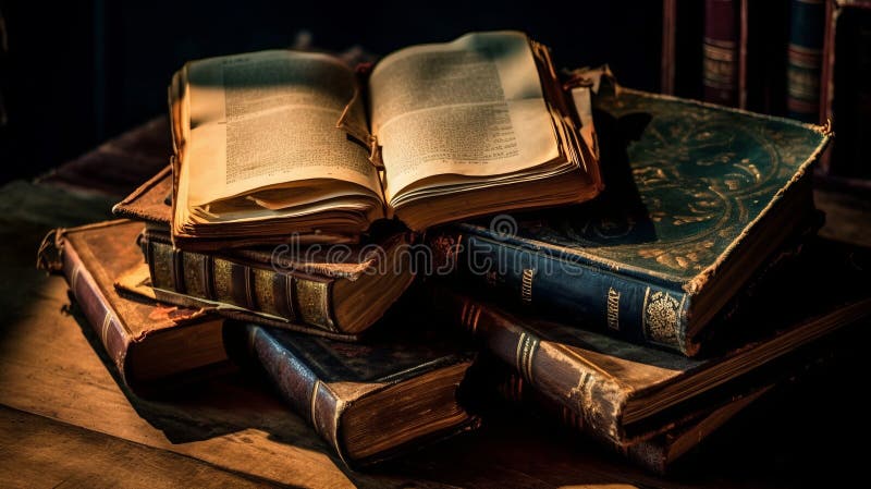Old Books on a Table with One Book Open. Generative AI Stock ...