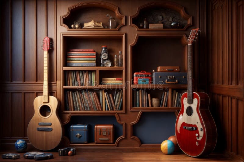 Old Bookshelf with Guitar and Other Musical Instruments Stock ... Old Bookshelf with Guitar and Other Musical Instruments Stock ...