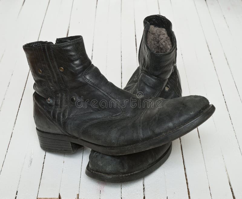 Old Boot Over White Wood Floor Stock Image - Image of footwear, pair ...