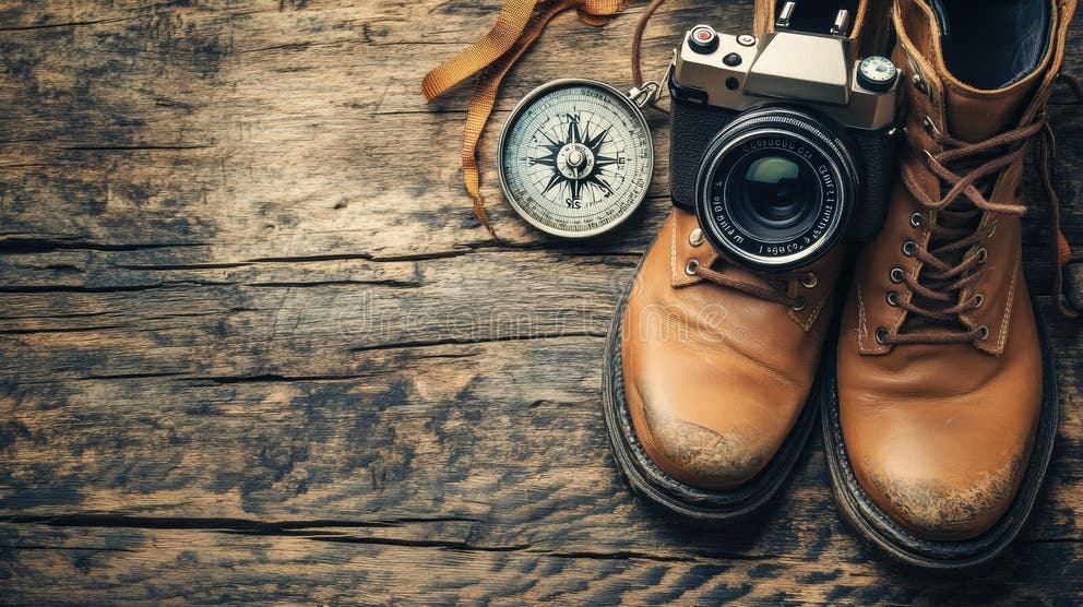 Old Boots Compass and Camera on Wooden Surface Stock Illustration ...