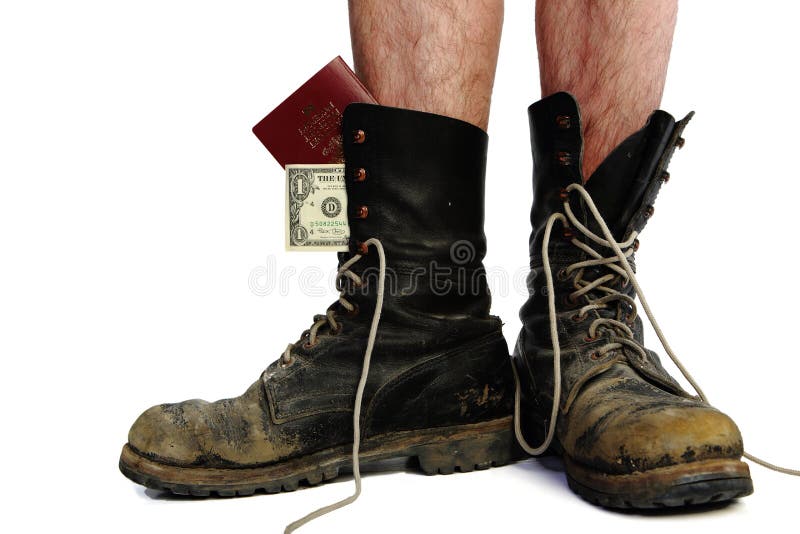 Old Boots with Legs and Money Stock Image - Image of military, builder ...