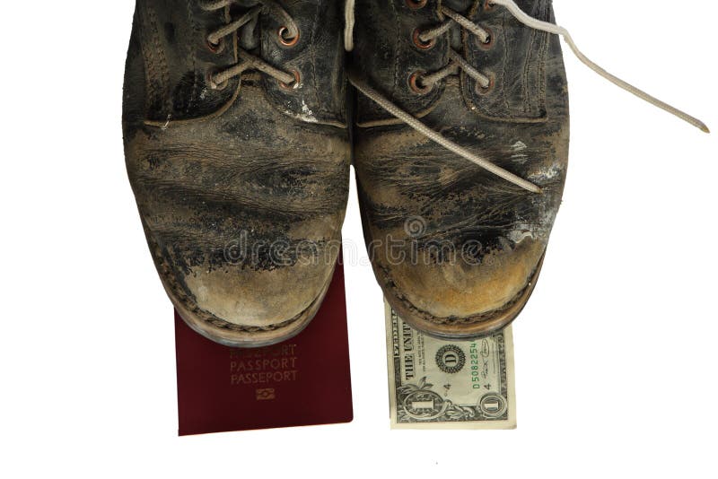 Old Boots with Legs with Money and Passport Stock Photo - Image of pair ...