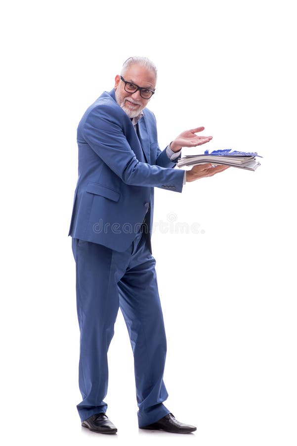 Old Boss Holding Heavy Pile Isolated on White Stock Photo - Image of ...