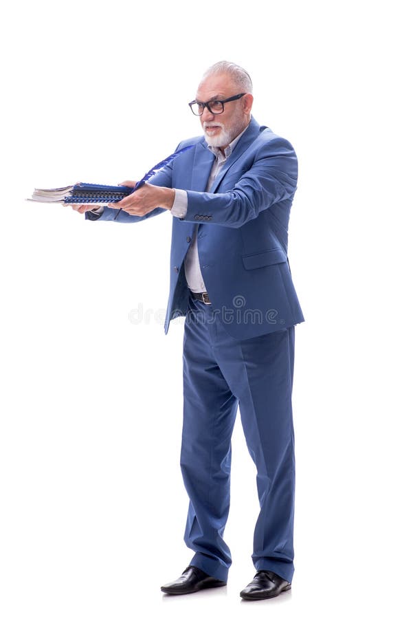 Old Boss Holding Heavy Pile Isolated on White Stock Photo - Image of ...