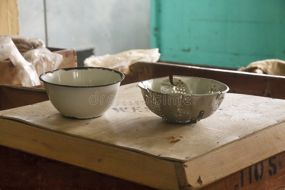 Old Bowl and Strainer on Wood Crate Stock Image - Image of strainer ...