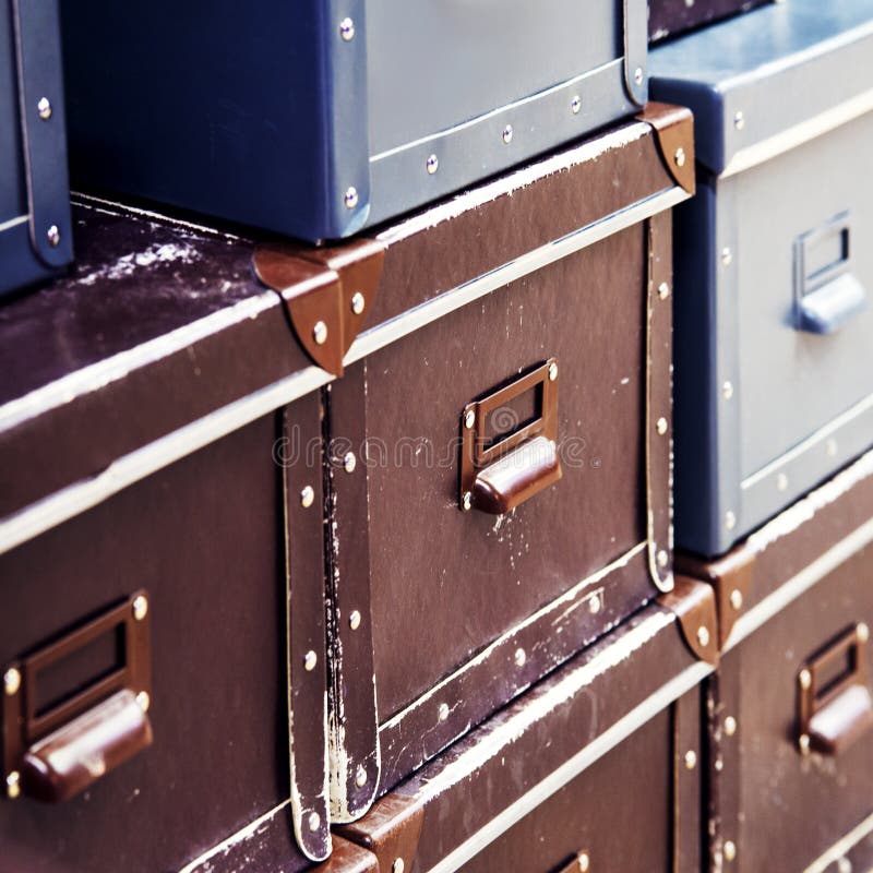Old Boxes are Stacked on a Shelf. Blurred Image. Soft Focus. Stock ...