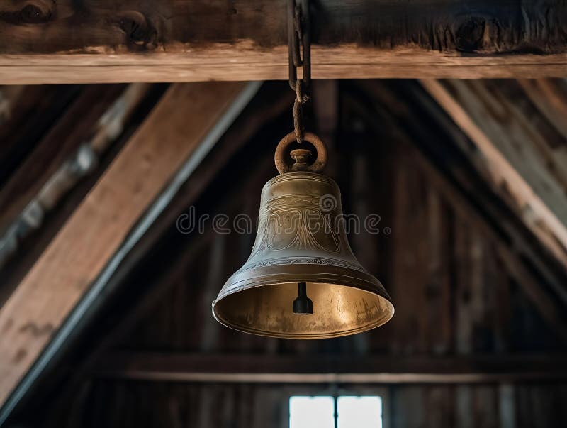 Old Brass Bell Hanging in a Wooden Structure with Wooden Beams Stock ...