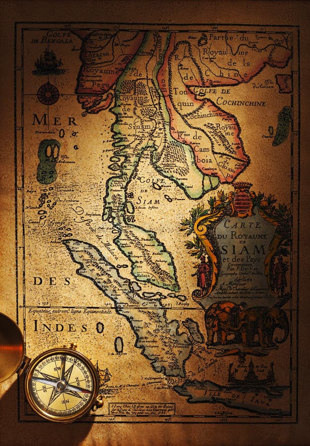 Old Brass Compass Over Antique Thailand Map Stock Image - Image of ...