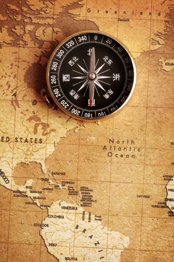 Old Brass Compass on a Treasure Map Stock Image - Image of discovery ...