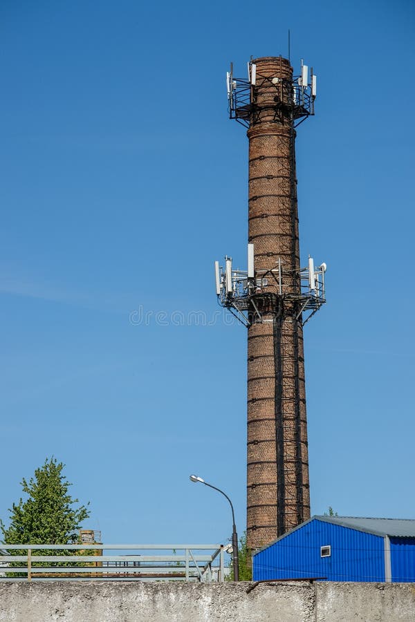 Old Brick Chimney Turn into Cellular Tower. Stock Photo - Image of pipe ...