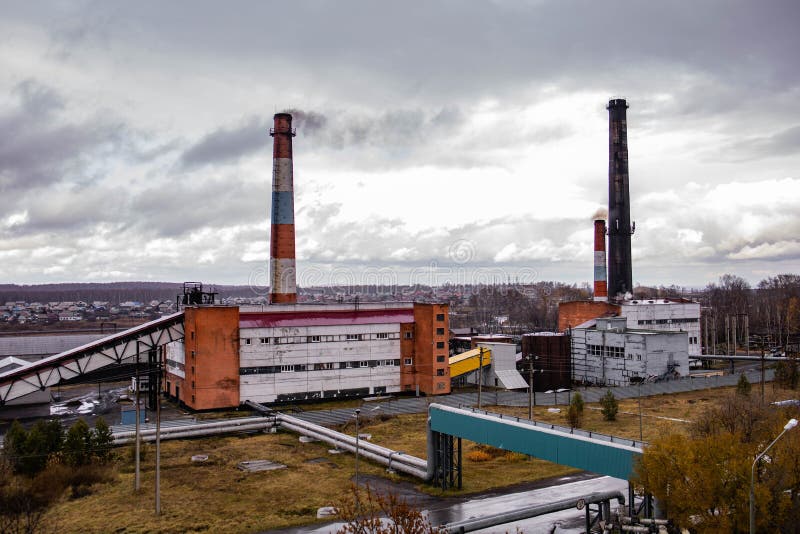 Old Brick Factory. Thick Smoke Comes Out of Tall Chimneys Stock Image ...