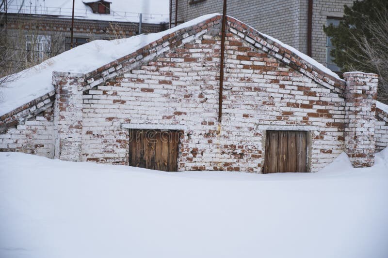 Old Brick House is Covered with Snow Up Very Doors. Stock Image - Image ...