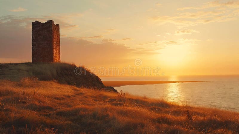 Old Brick Lighthouse at Sunset by the Sea with Vibrant Golden Sky Stock ...