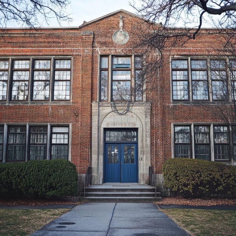 An Old Brick School Building with Blue Double Doors Representing ...