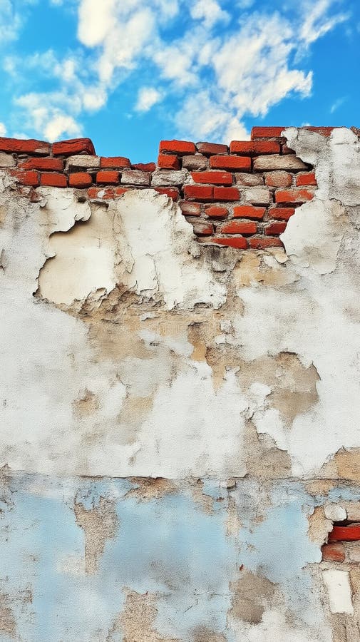 Old Brick Wall with Crumbling Plaster Under Blue Sky, Urban Decay ...