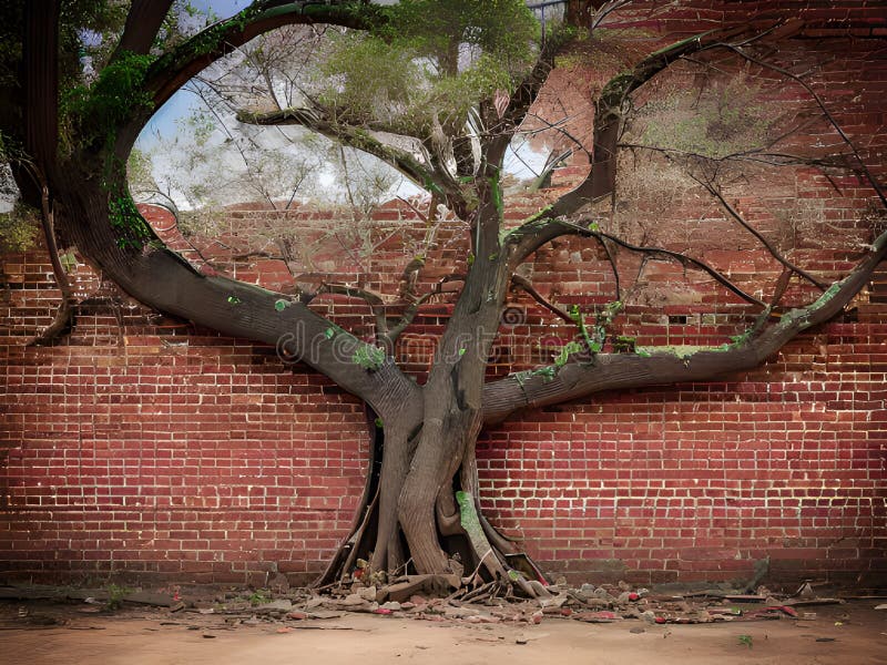 Old Brick Wall with Dry Tree, AI Generated Stock Illustration ...