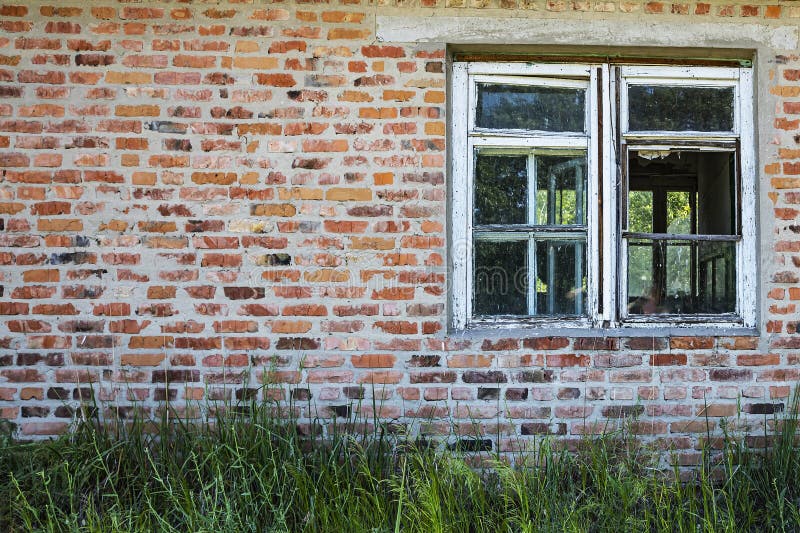 Old Brick Wall with Rustic White Window Frame and Broken Glass Stock ...