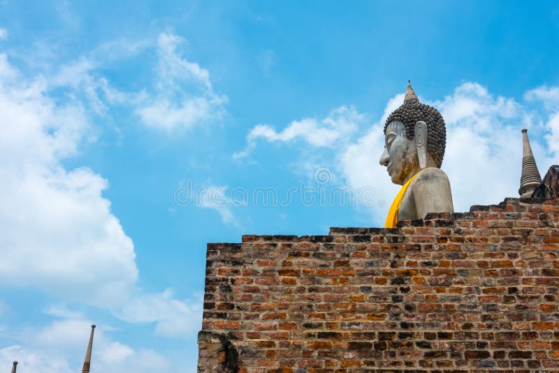 Old Brick Wall Texture and Big Buddha on Blue Sky Stock Photo - Image ...