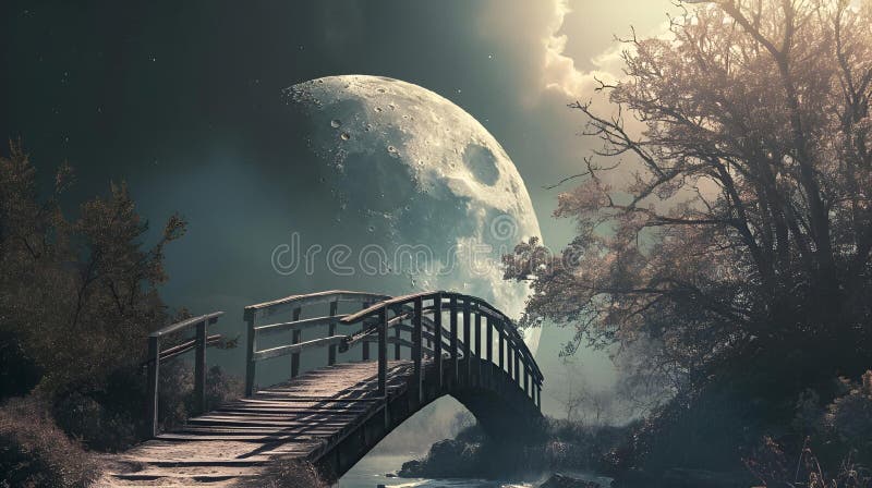 An Old Bridge Leading To the Moon in the Sky with a River in Front ...