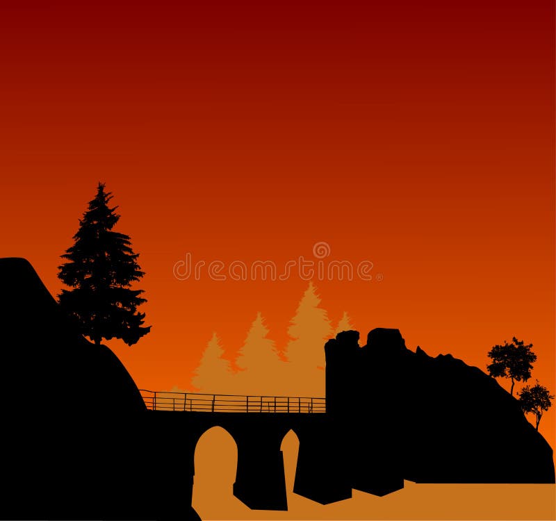 Old Bridge and Sunset Illustration Stock Vector - Illustration of ...