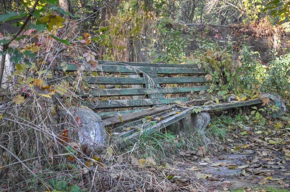 An old and broken bench stock photo. Image of creepy - 355374120