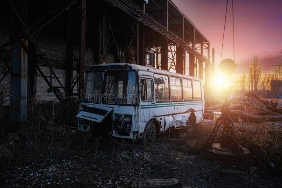 Old Broken Bus at Abandoned Industrial Area Stock Photo - Image of ...