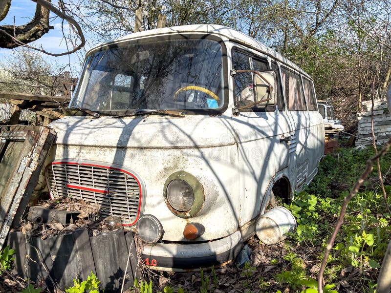 Old Broken Bus at a Car Dump Stock Image - Image of cracked, broken ...